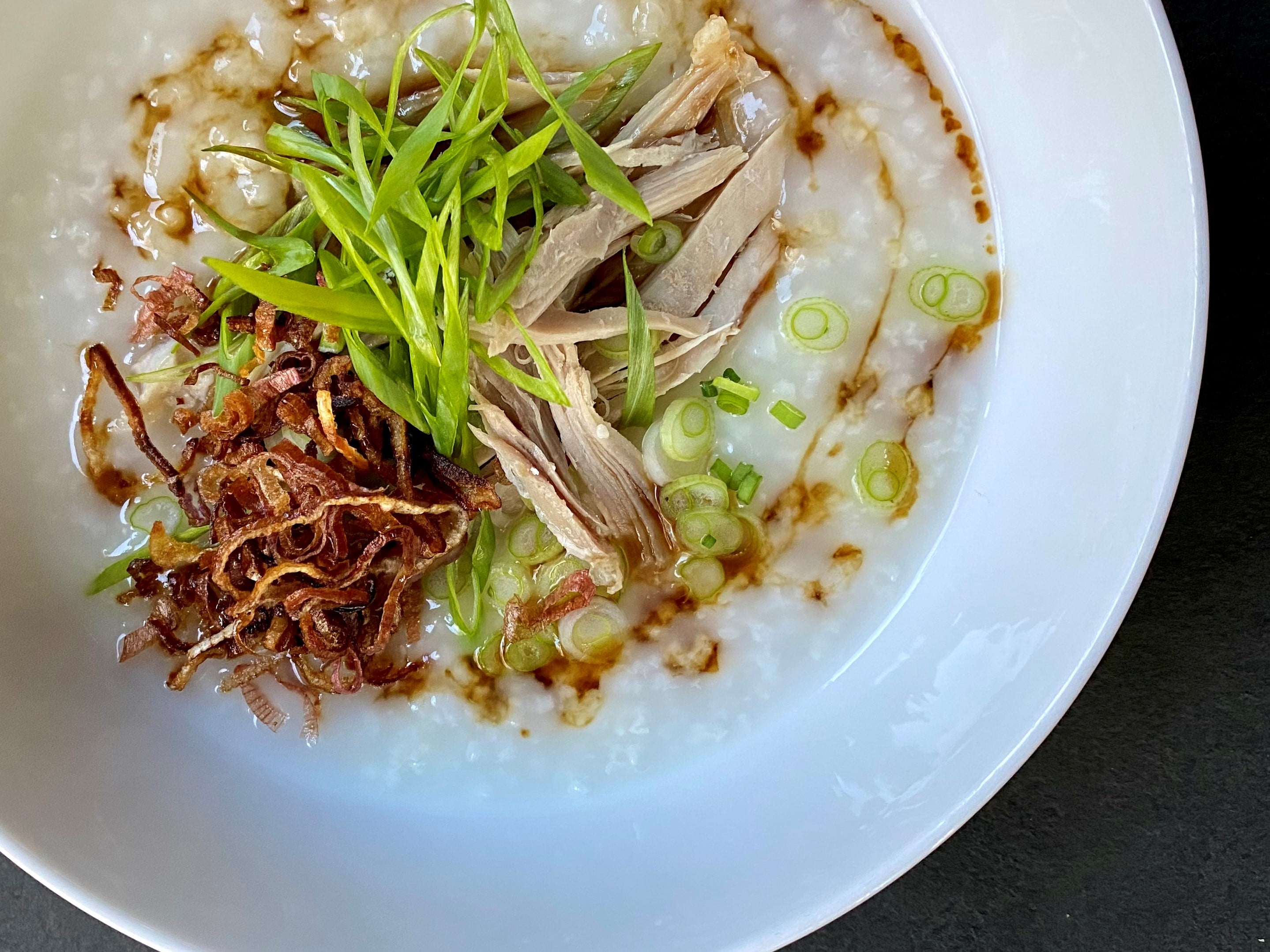 Turkey Congee with Sweet Soy & Crispy Shallots