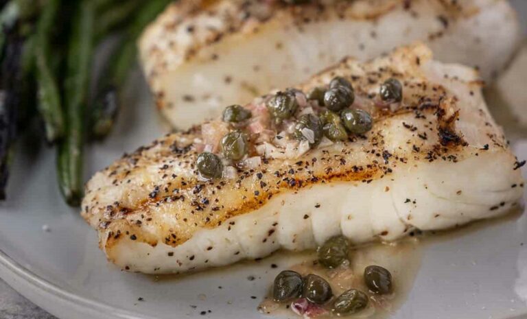 Grilled Halibut with White Wine, Butter & Caper Sauce